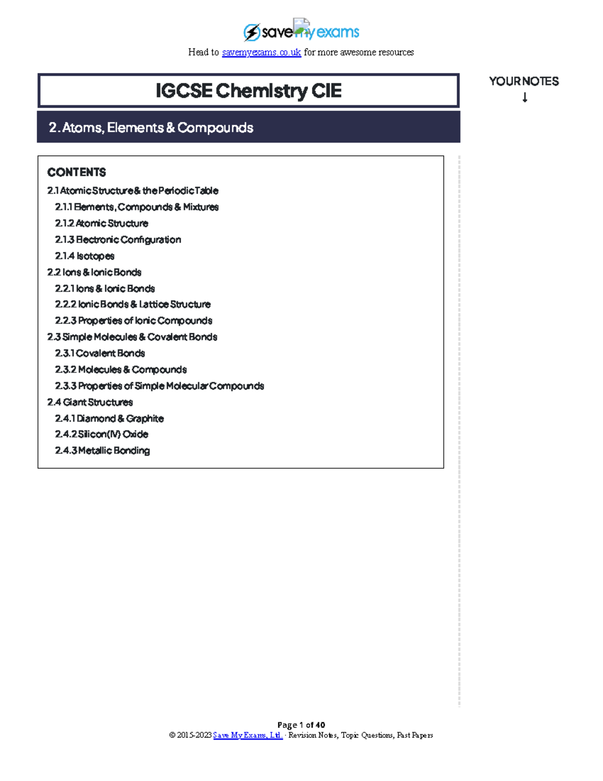 2. Atoms, Elements Compounds - Page 1 of 40 IGCSE Chemistry CIE 2 ...