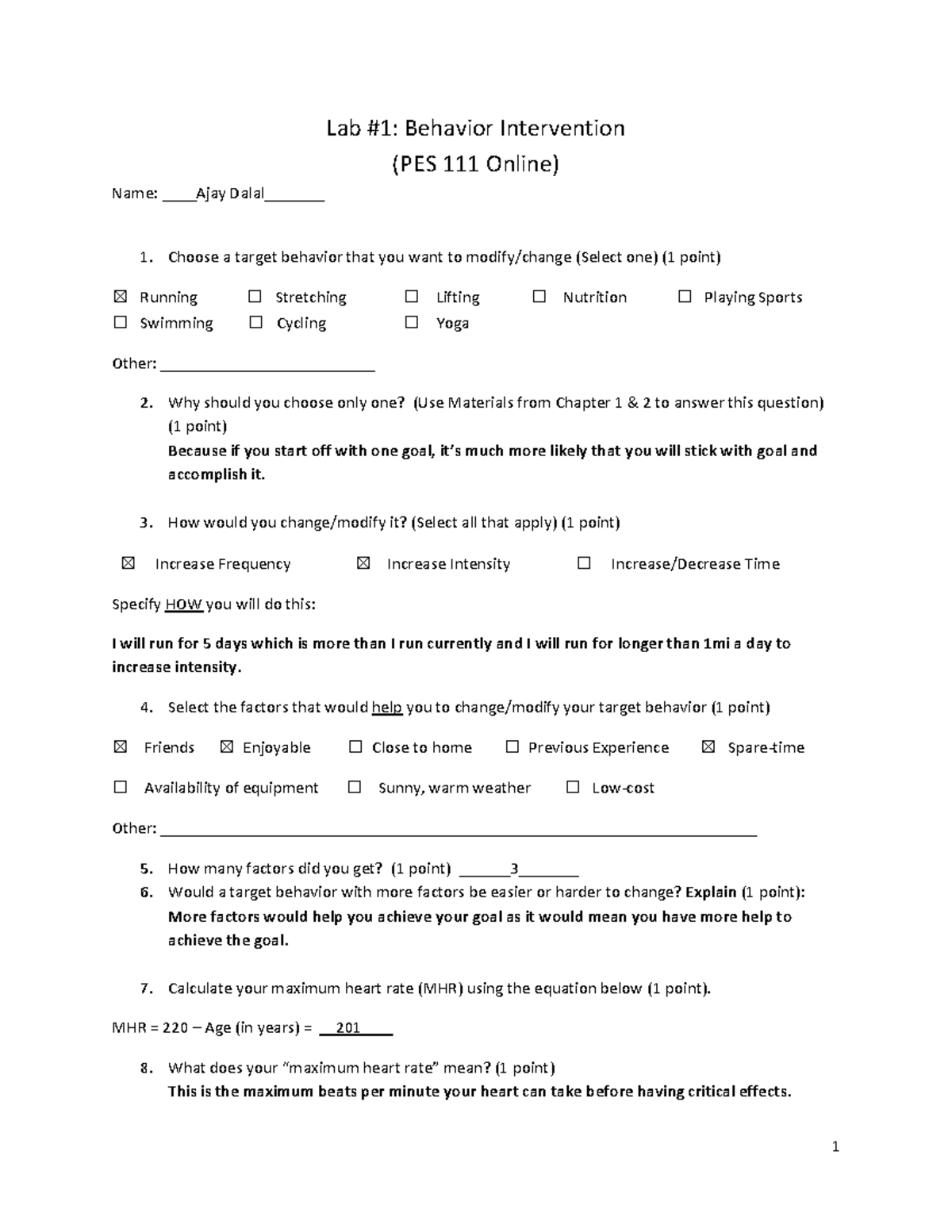 Lab 1 Behavior Intervention - 1 Lab #1: Behavior Intervention (PES 111 ...