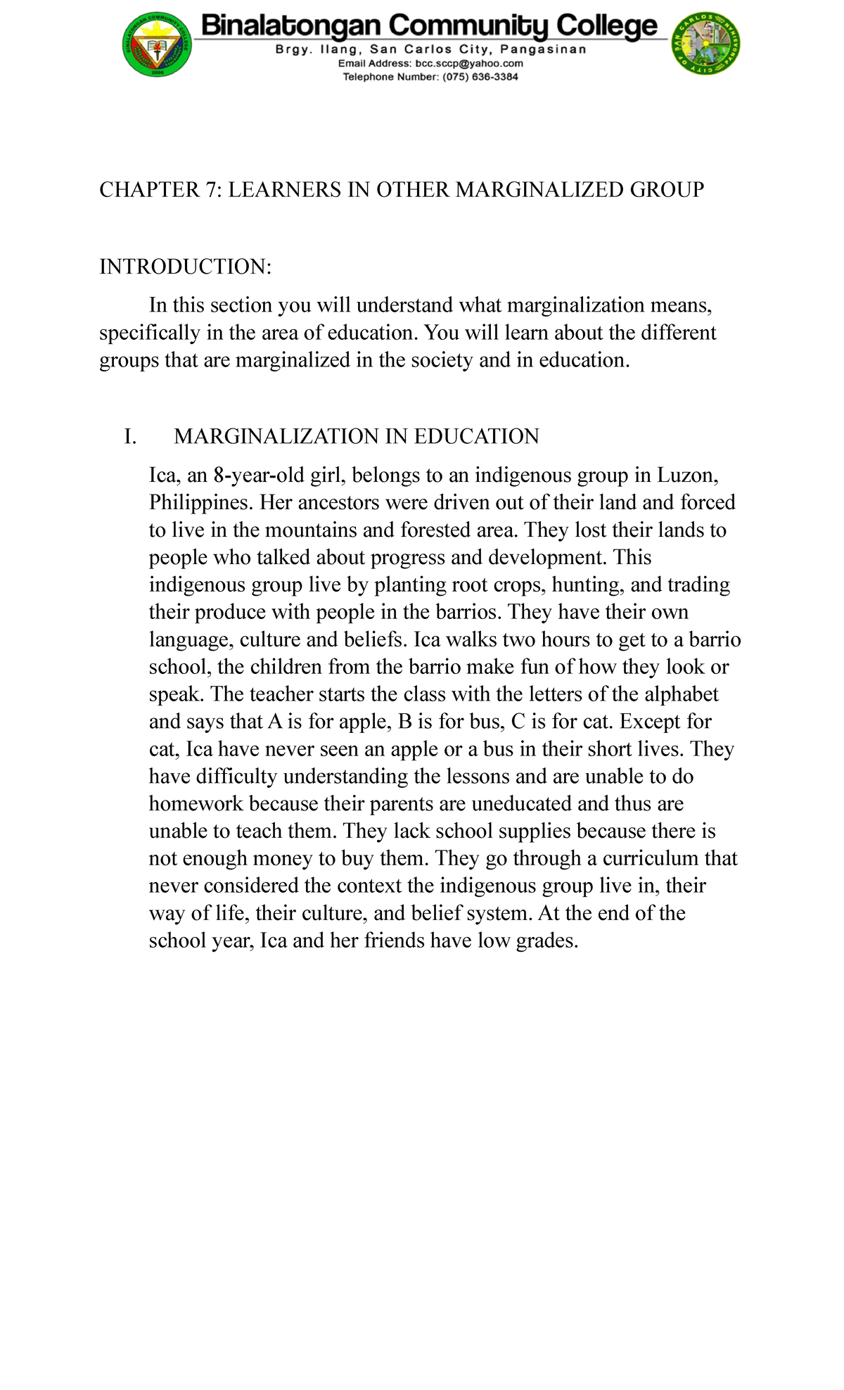 ICA PRO ED 6 - Marginalization in Education - CHAPTER 7: LEARNERS IN ...