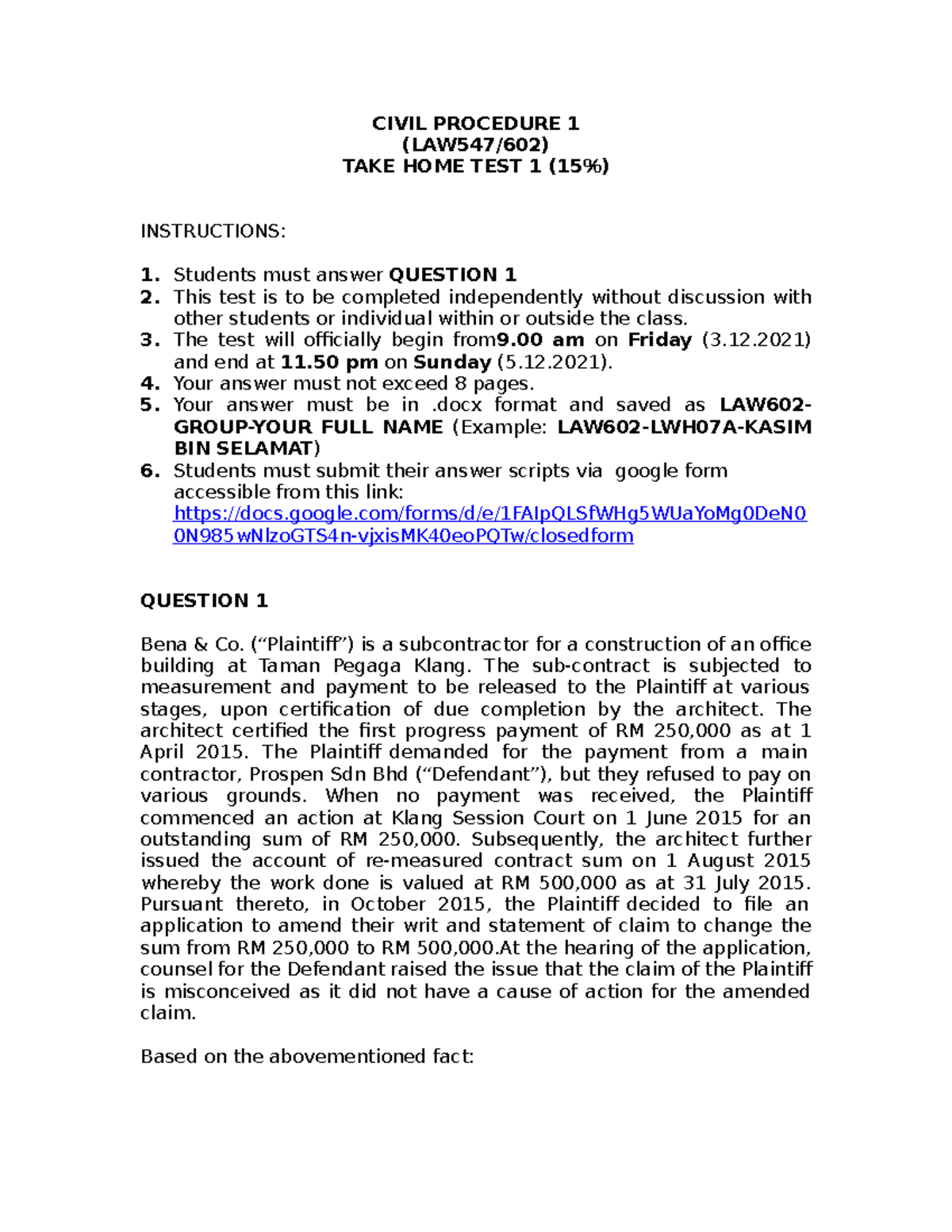 test (December 2021) (LAW602) - CIVIL PROCEDURE 1 (LAW547/602) TAKE ...
