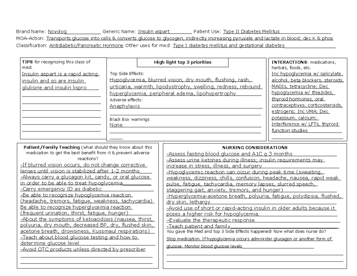 Med card 2 - medications - Brand Name: Novolog__________ Generic Name ...