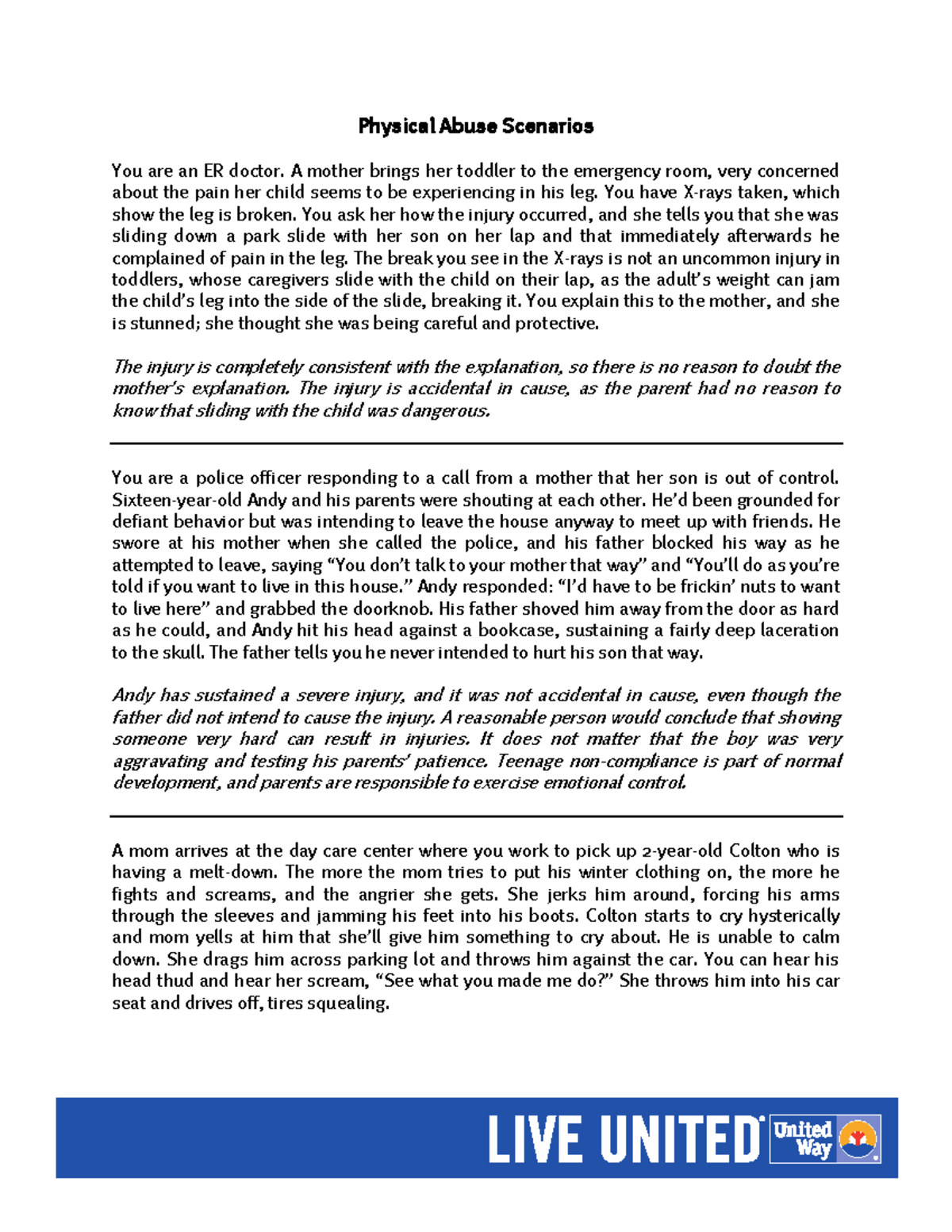 Physical Abuse Scenarios - A mother brings her toddler to the emergency ...