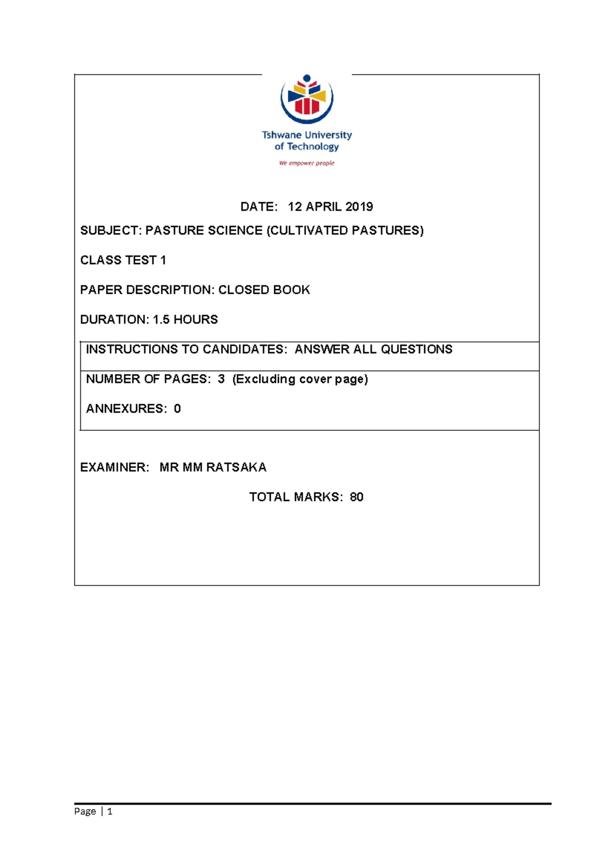 Pasture science class test-1 - DATE: 12 APRIL 2019 SUBJECT: PASTURE ...