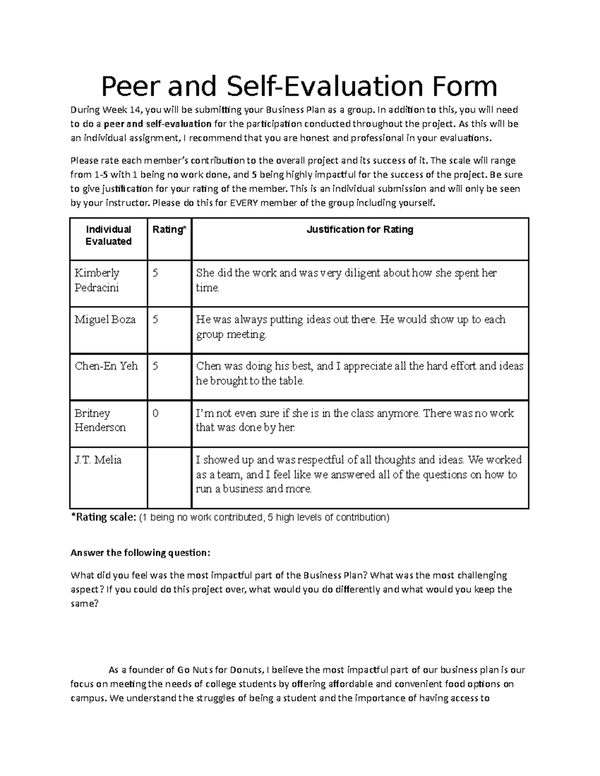 Peer and Self Evaluation Form - Peer and Self-Evaluation Form During ...