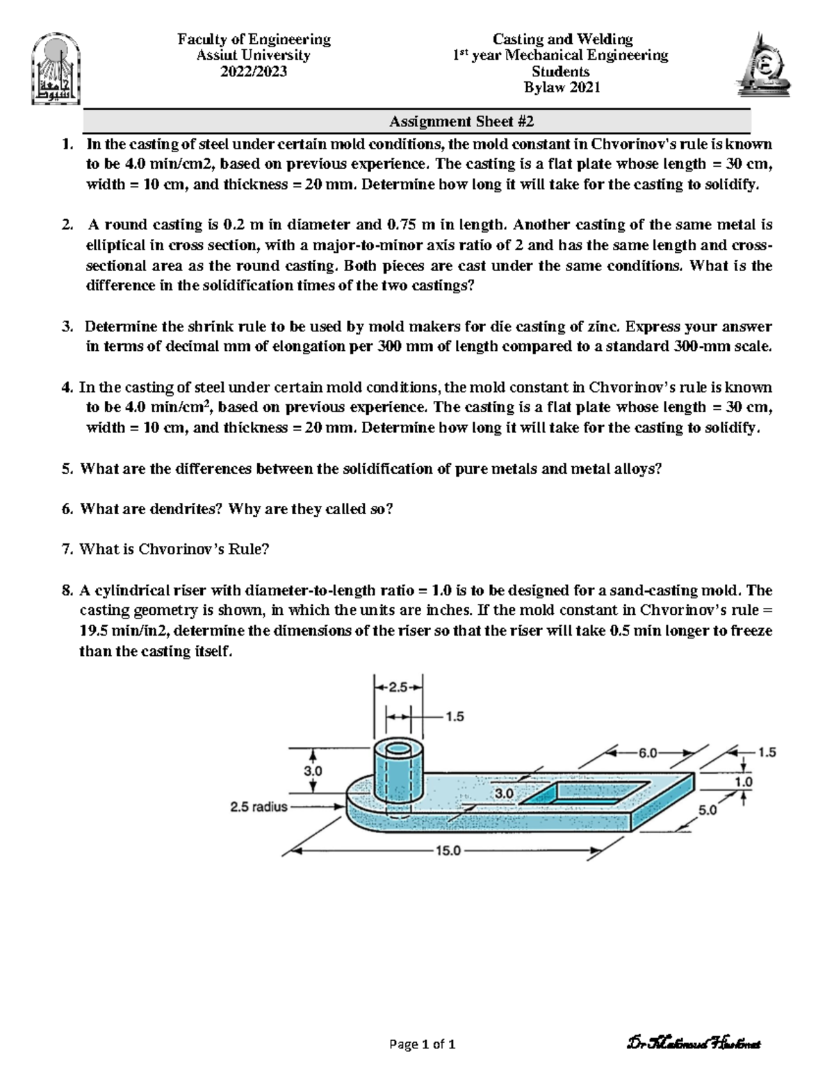 Assignment Sheet #2 - Page 1 of 1 Dr Mahmoud Heshmat Casting and ...