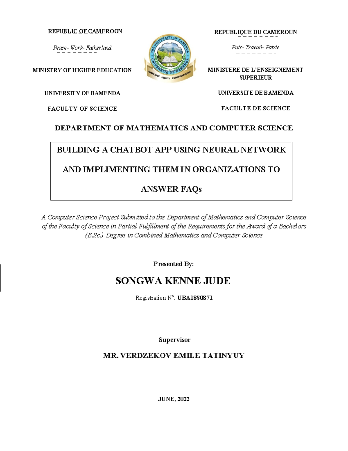 Project work - DEPARTMENT OF MATHEMATICS AND COMPUTER SCIENCE A ...
