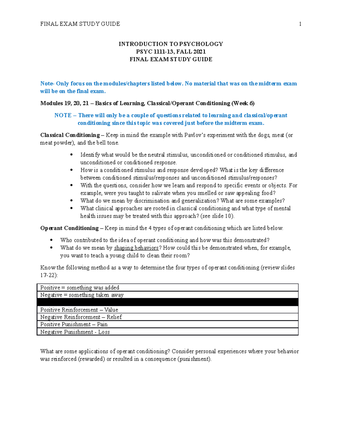 Final Exam Study Guide (Fall 2021) - INTRODUCTION TO PSYCHOLOGY PSYC ...