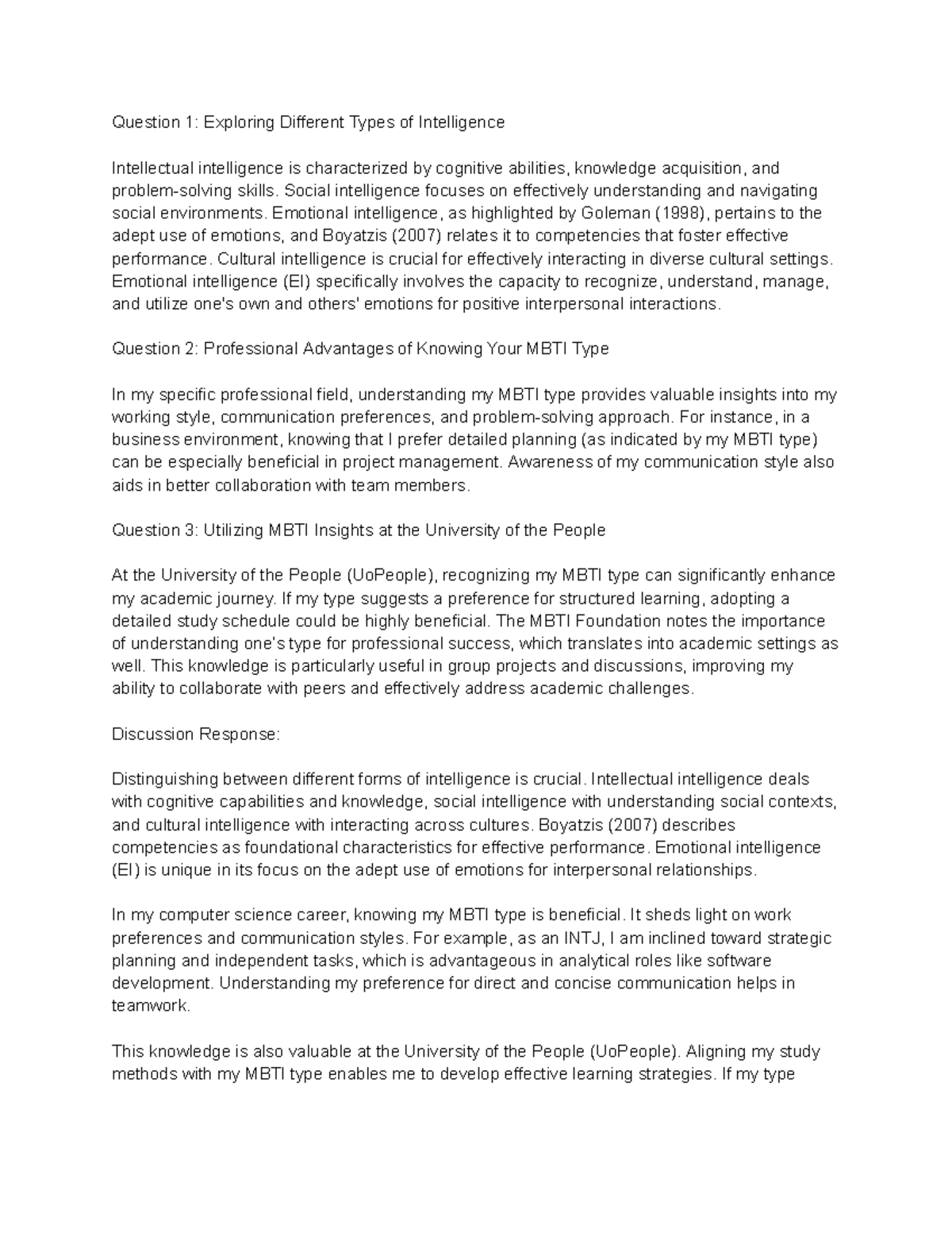 PSYC 1205 Discussion 1 - Question 1: Exploring Different Types of Intelligence Intellectual ...