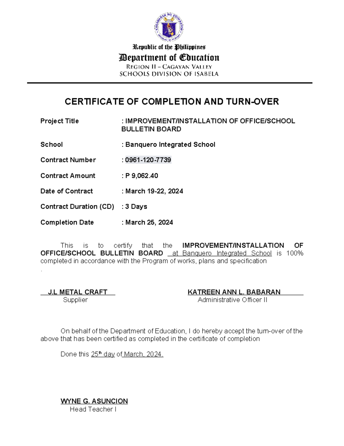 Certificate-of-Completion-Laborer - CERTIFICATE OF COMPLETION AND TURN ...