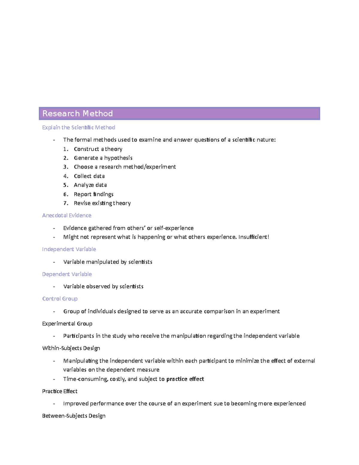 Midterm Definitions Notes Psych Midterm Definitions Research