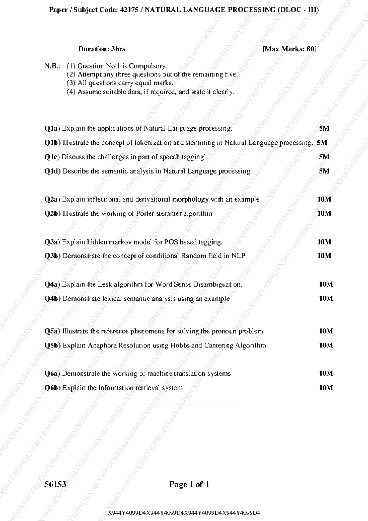 CO NLP R19 - CO NLP QP - 56153 Page 1 of 1 Duration: 3hrs [Max Marks: 80] N.: (1) Question No 1 ...