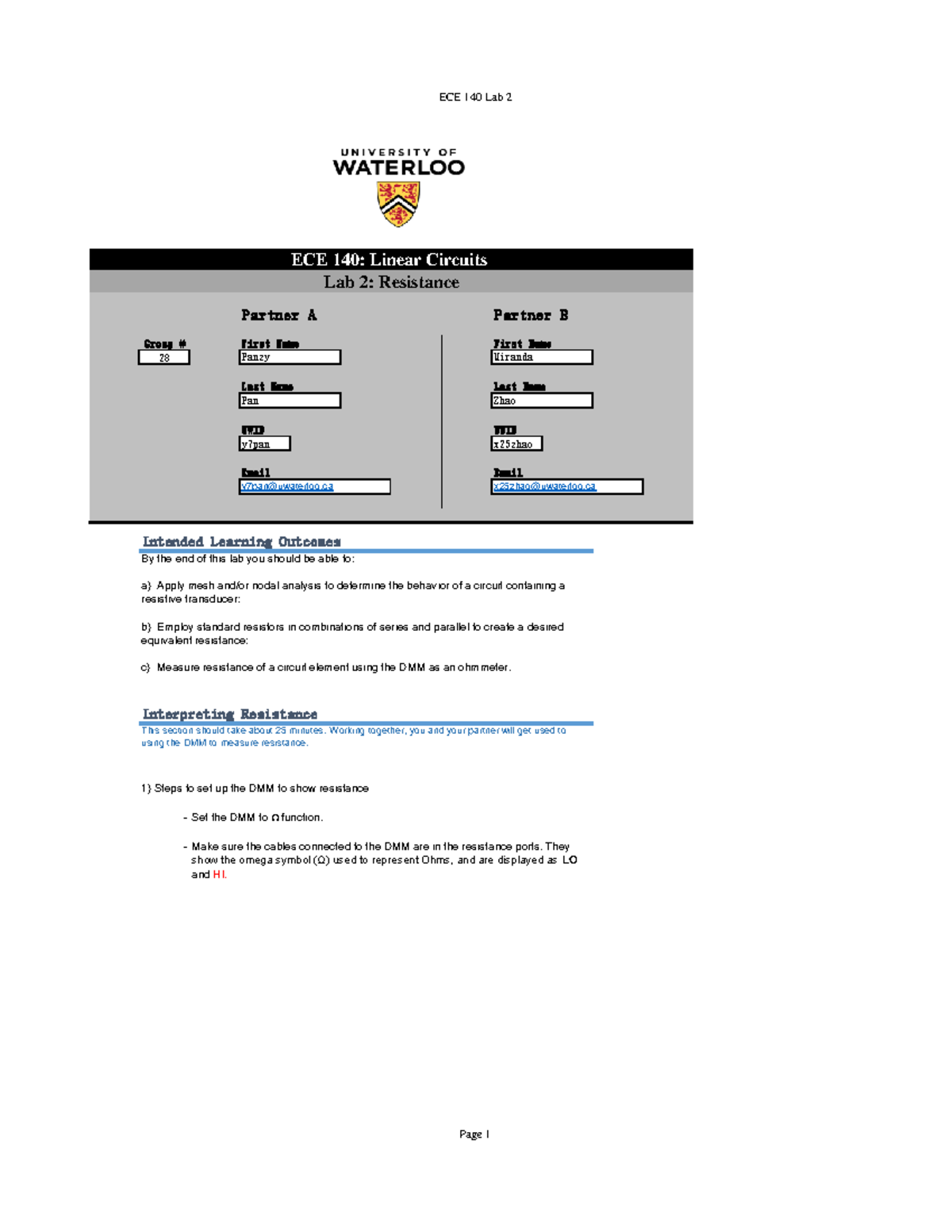 ECE140 - Lab 2 - Resistance - S23 - Group # First Name First Name 28 Last Name Last Name UWID ...