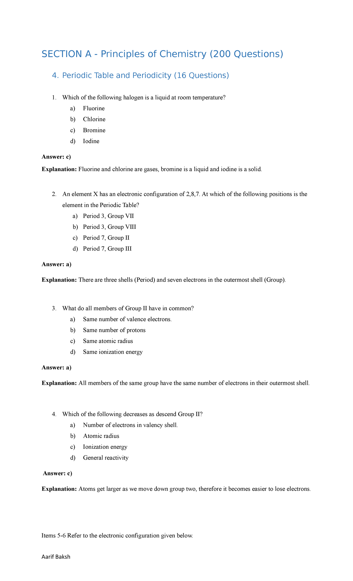Principles of Chemistry: Periodic Table and Periodicity Quiz - Studocu
