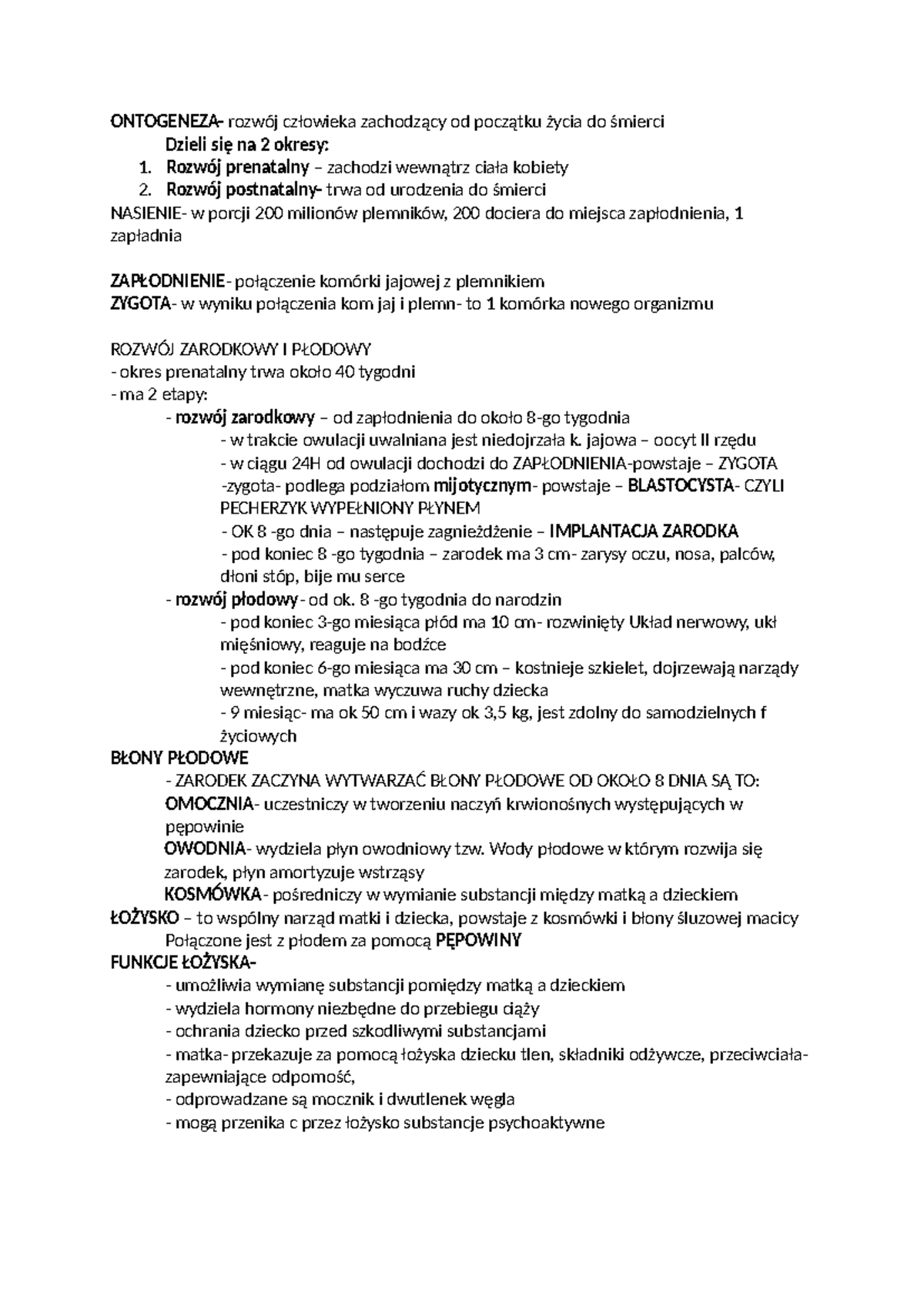Biologia sprawdzian - opracowanie - ONTOGENEZA- rozwój człowieka ...