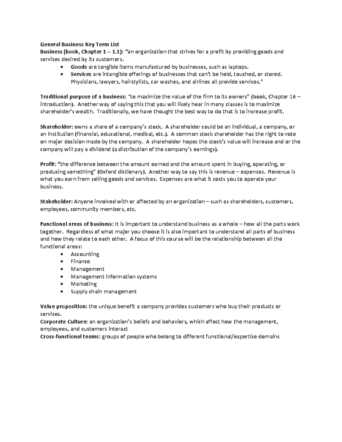 Fall 2023 BUSN 101 Key Terms - General Business Key Term List Business ...