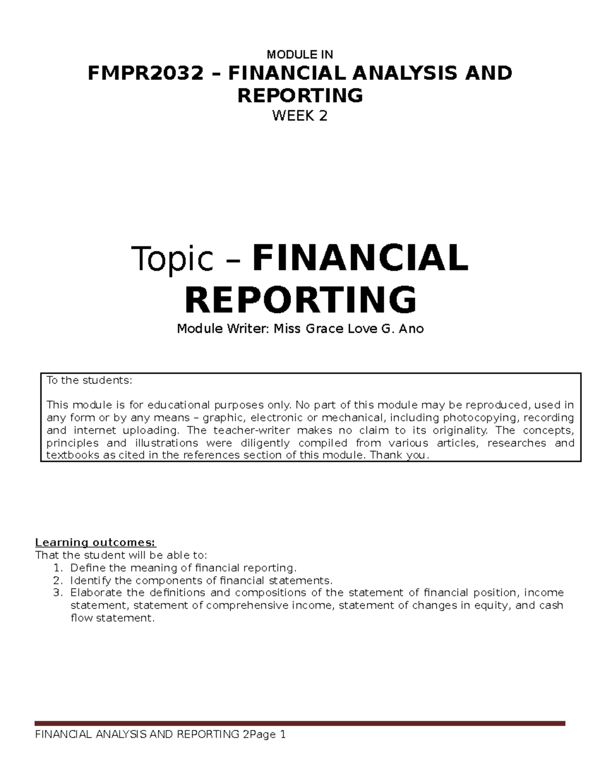 Financial Analysis AND Reporting WEEK 2 291723072383979 - MODULE IN ...