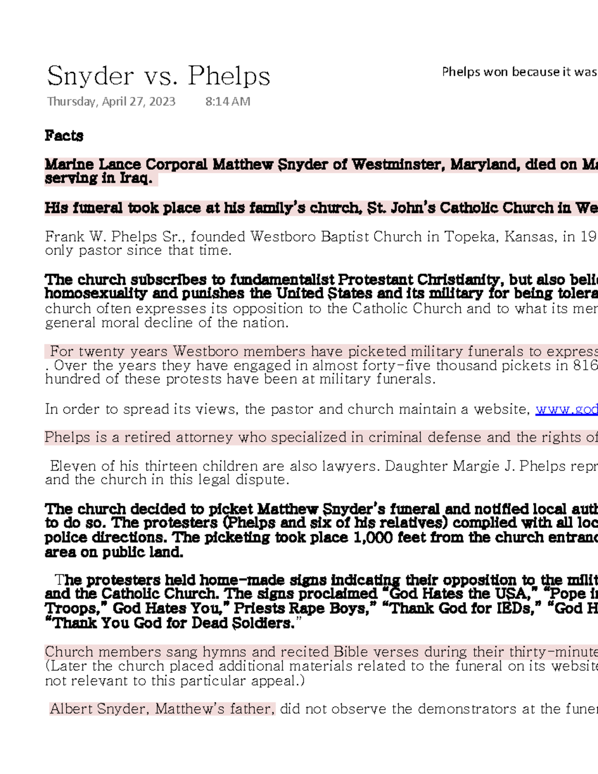 Snyder vs. Phelps - case brief - Facts Marine Lance Corporal Matthew ...