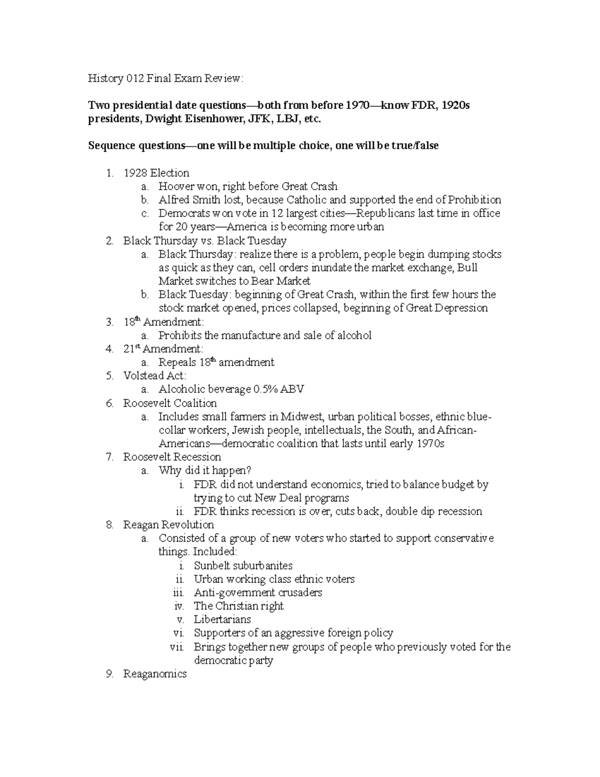 History 012 Final Exam Review - History 012 Final Exam Review: Two ...
