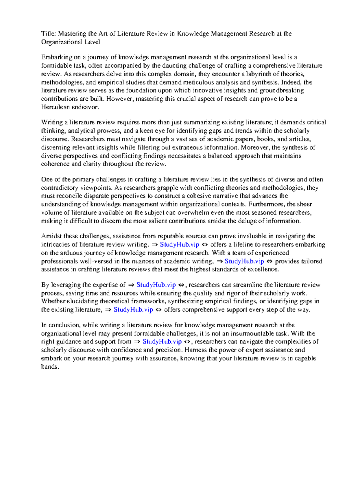 Literature Review Knowledge Management Research At The Organizational ...