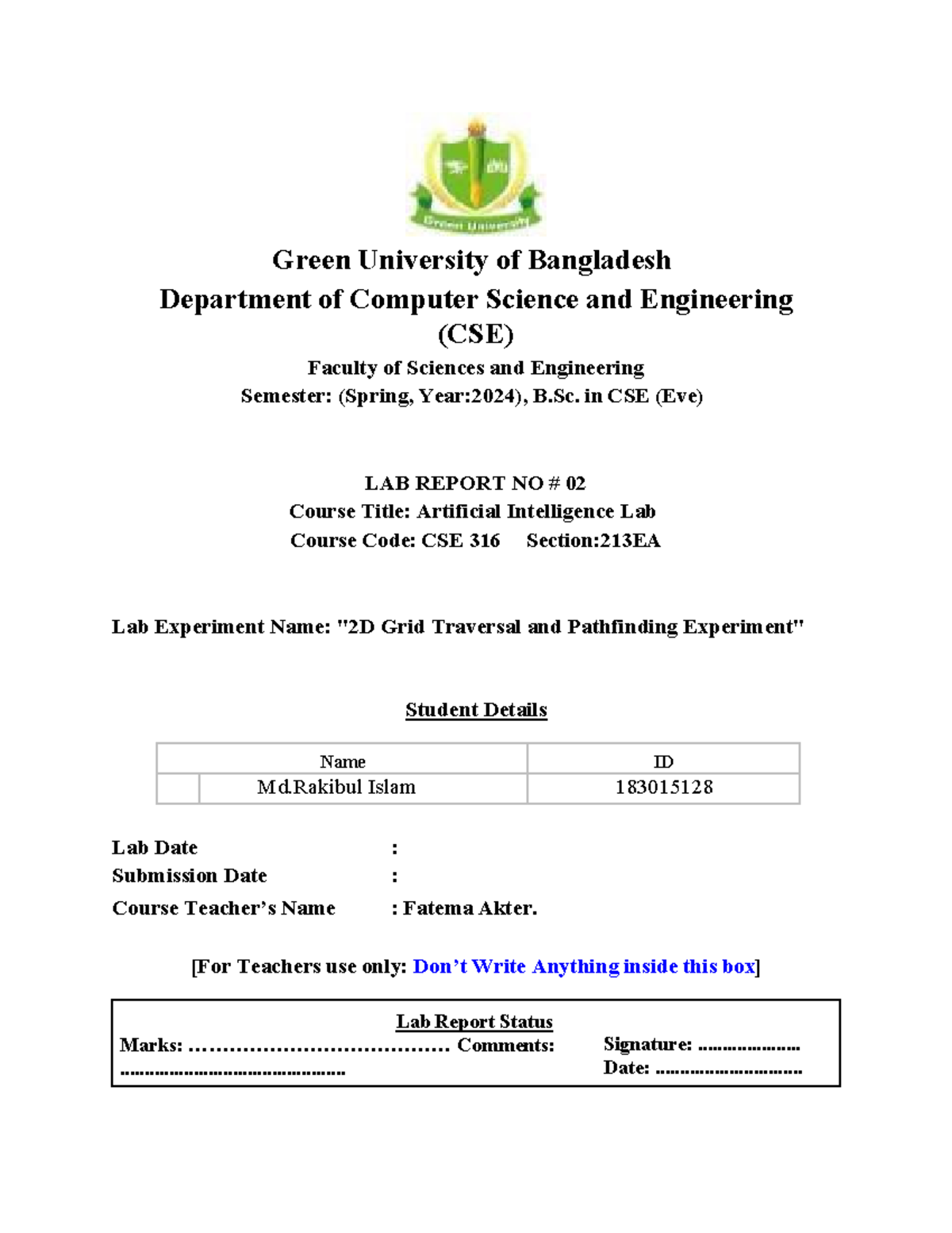 ai lab report 2 - Green University of Bangladesh Department of Computer ...