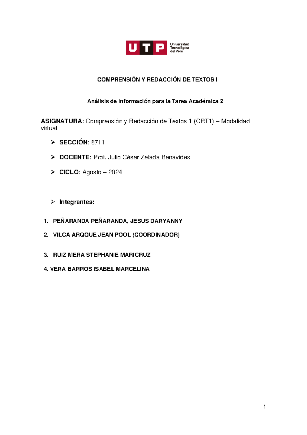 Tarea 2 Semana 09 - Consigna de la Tarea Académica 2 - 1 COMPRENSIÓN Y REDACCIÓN DE TEXTOS I ...
