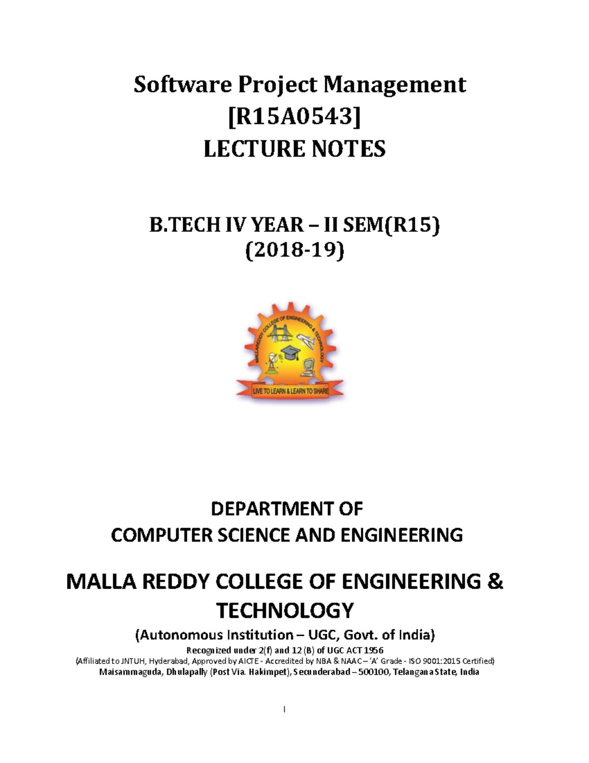 Software Project Management I Software Project Management [r15a0543] Lecture Notes B Iv Year