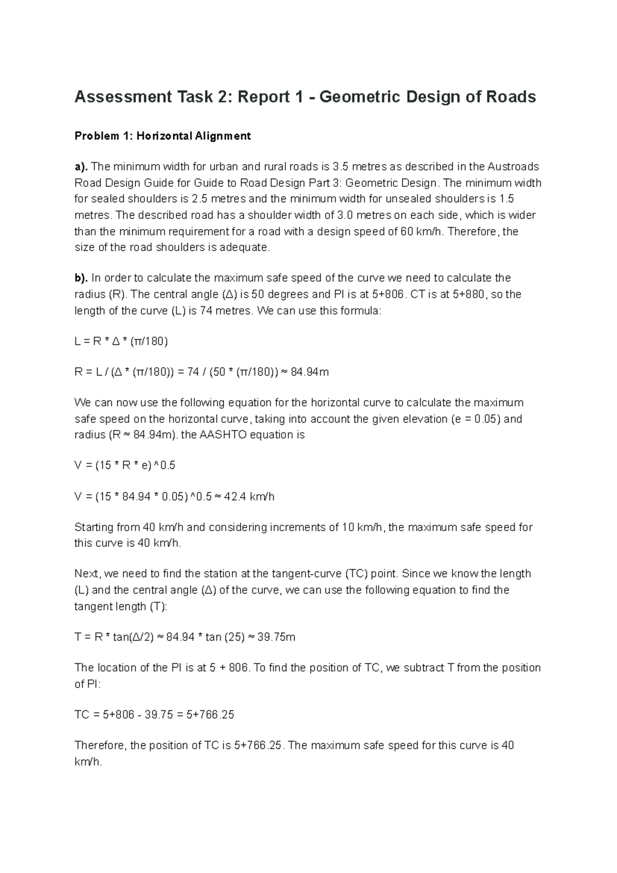 Assessment Task 2 Report 1 Geometric Design of Roads - Assessment Task ...