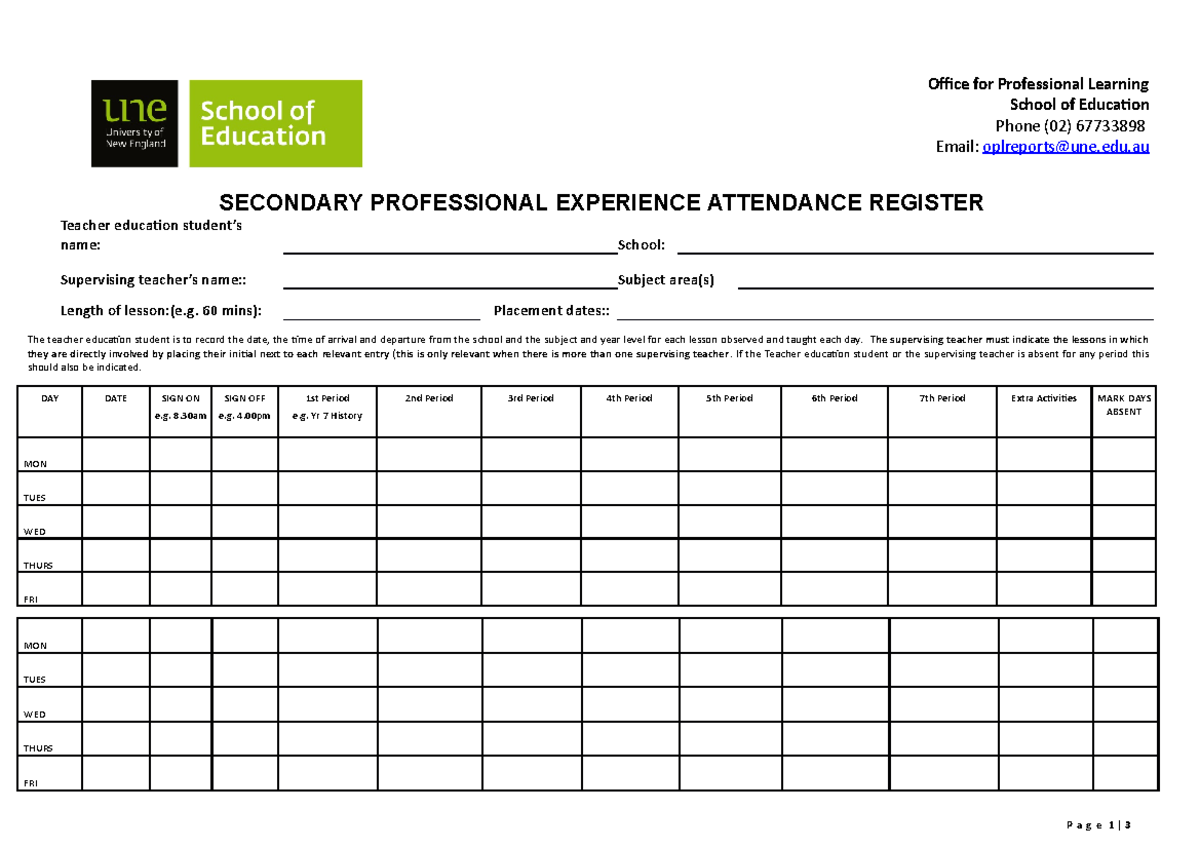 Attendance register - Secondary - Office for Professional Learning ...