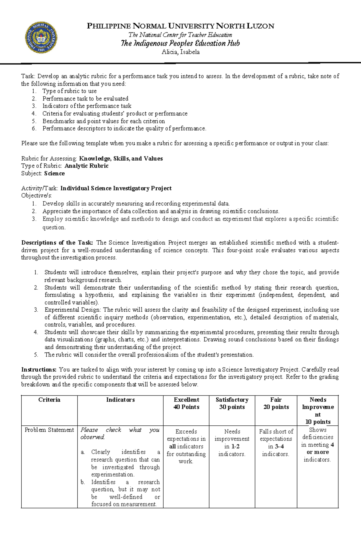 Group 5 Development of Rubrics for Products - PHILIPPINE NORMAL ...