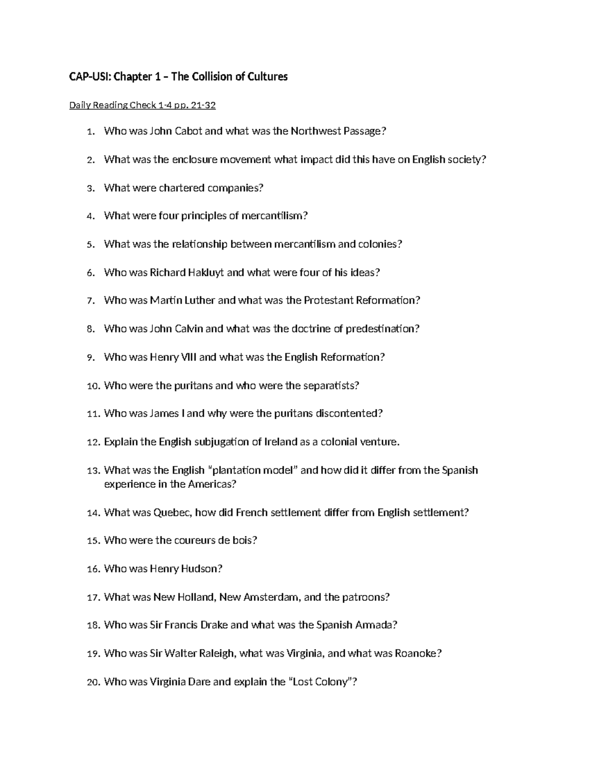 Reading Check 1-4 pp. 21-32 - CAP-USI: Chapter 1 – The Collision of ...