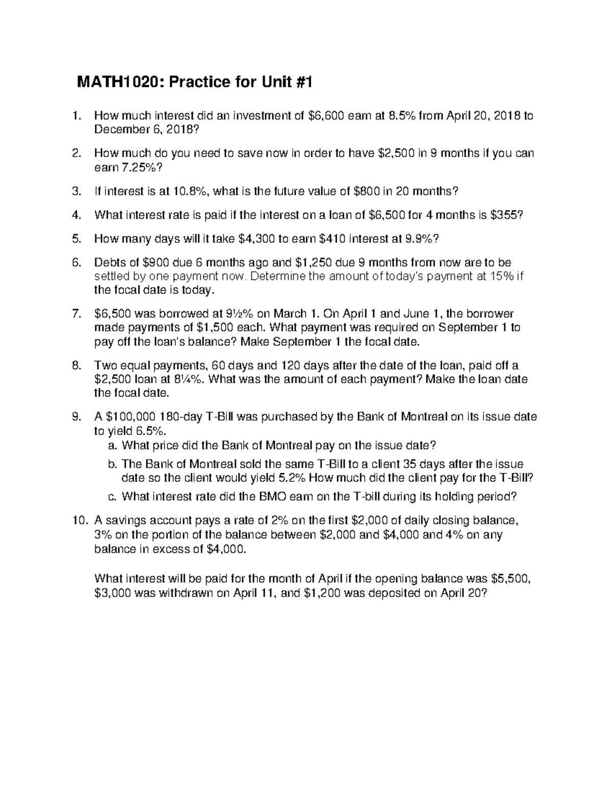 MATH1020 Practice for Unit 1 with Solutions 4 - MATH1020: Practice for ...