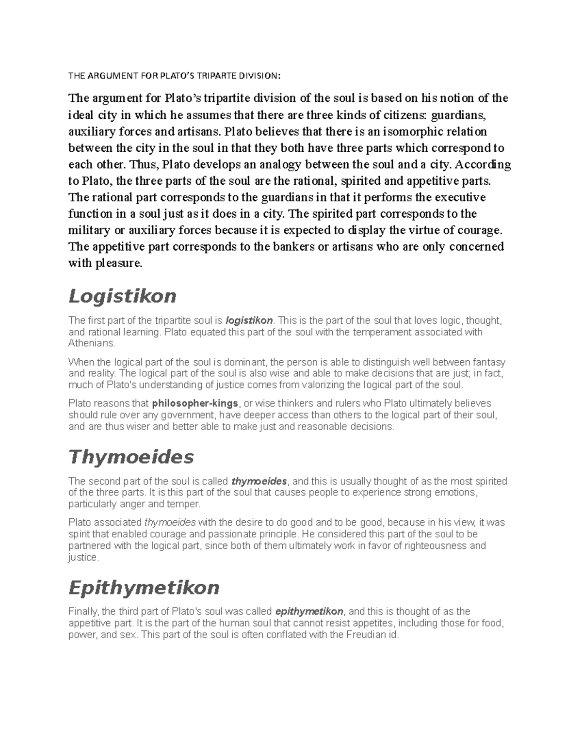 Tripartite Division Of Soul The Argument For Platos Triparte Division The Argument For Plato