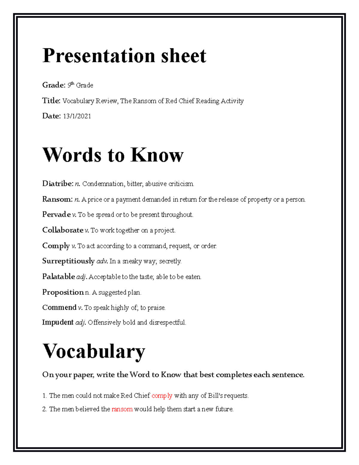 Words to Know 1 - Presentation sheet Grade: 9 th Grade Title ...
