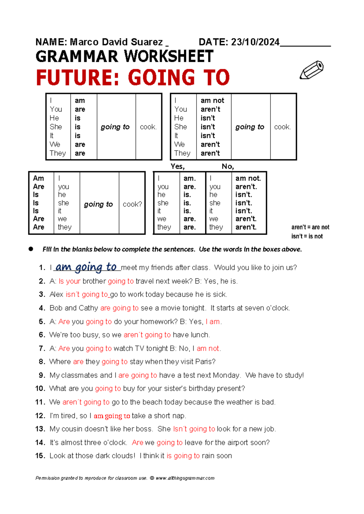 Grammar going to word resuelto Marco - Permission granted to reproduce ...