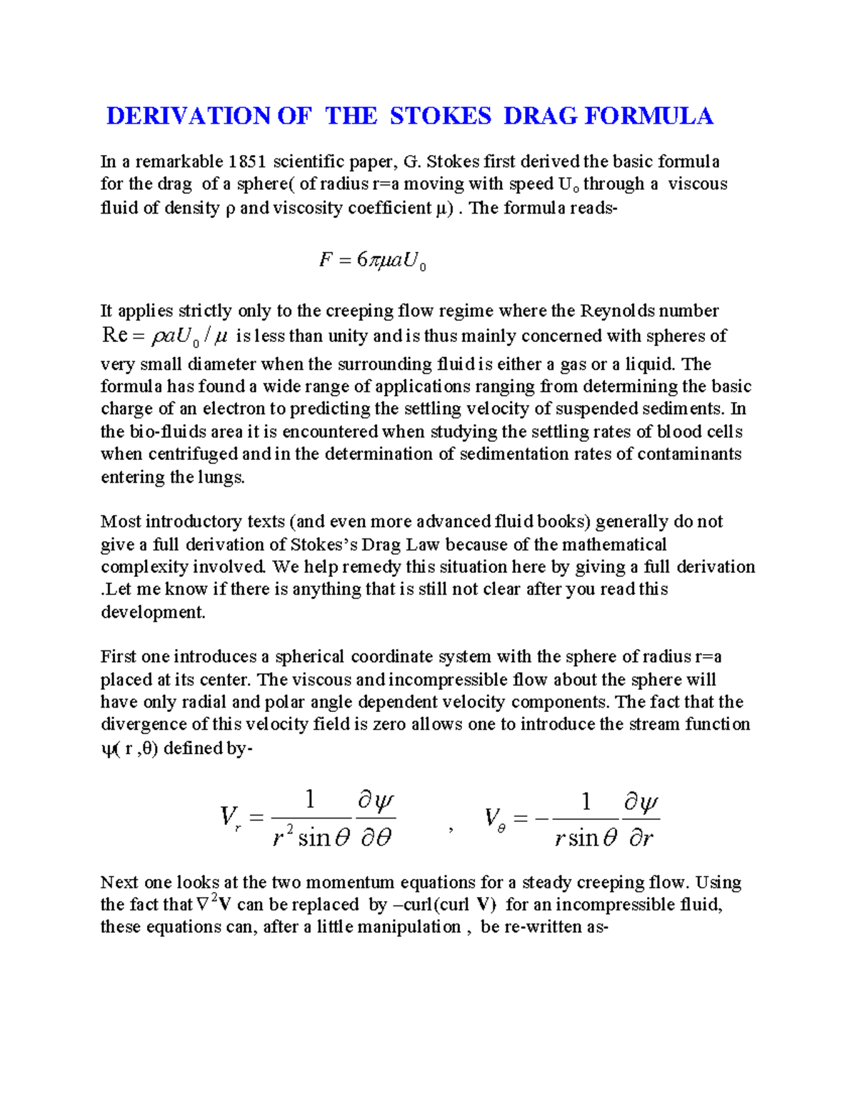 Stokes-DRAG- Formula - Drag Derivation Notes - DERIVATION OF THE STOKES ...