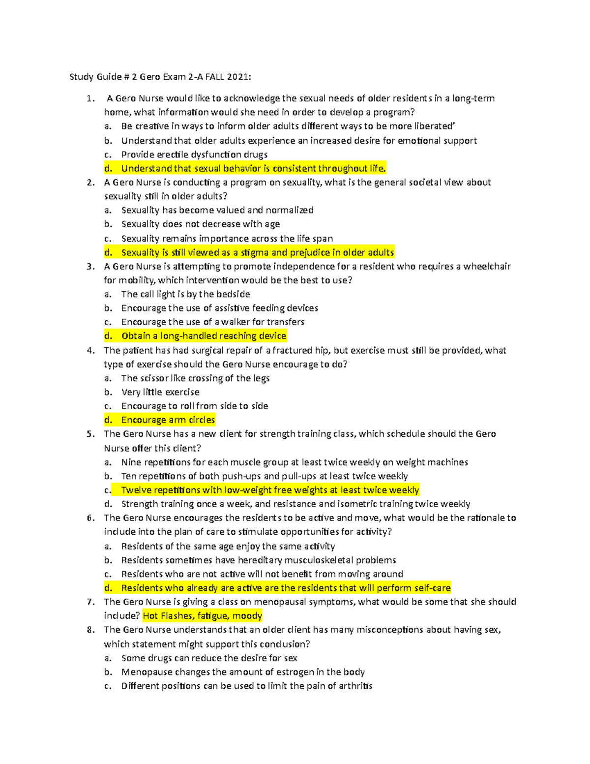 Study Guide #2 Exam 2 - Study Guide # 2 Gero Exam 2-A FALL 2021: A Gero ...