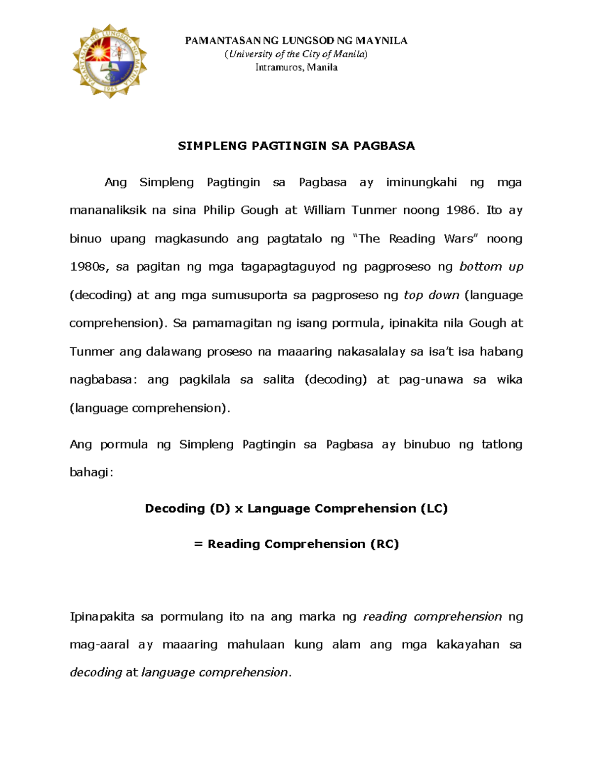 Simpleng Pagsalin SA Pagbabasa - (University of the City of Manila ...