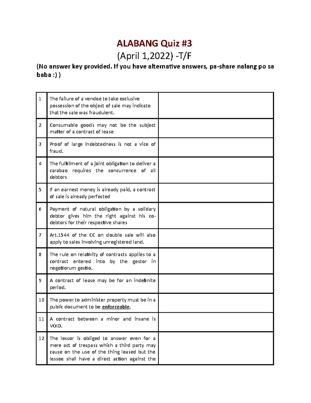 quiz 3 civil law, on obligations, contracts and sales - ALABANG Quiz ...