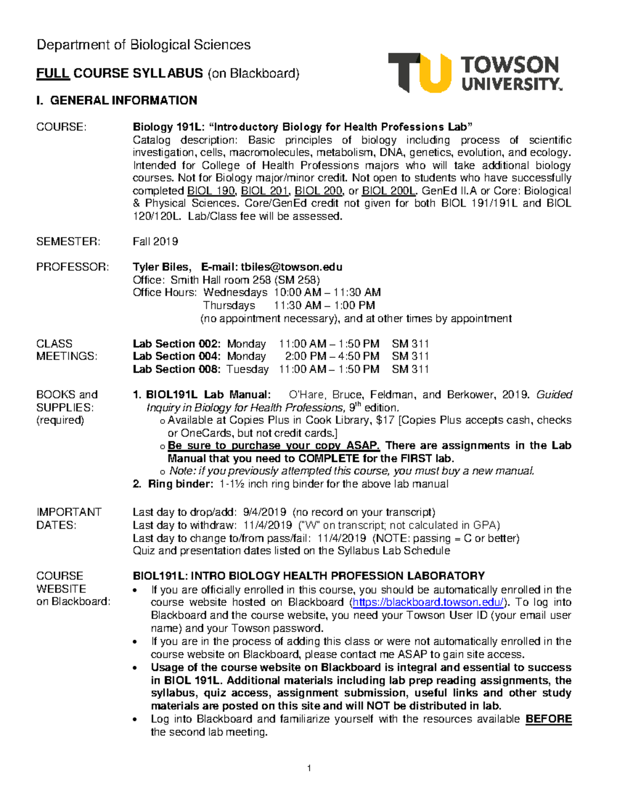 1194 BIOL191L Syllabus - Department of Biological Sciences FULL COURSE ...