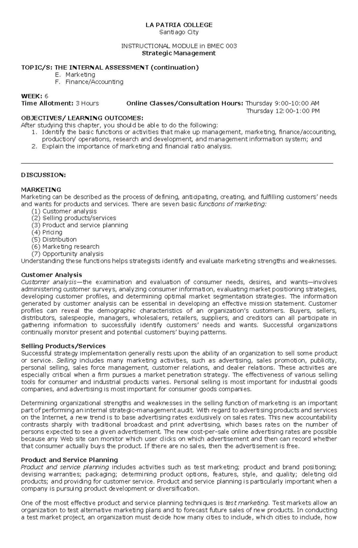 BMEC 003 WEEK 6 Module - STRATEGIC MANAGEMENT - LA PATRIA COLLEGE ...