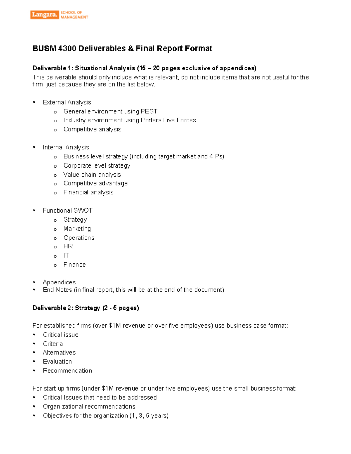 4300 Report Format Fall 2019 - BUSM 4300 Deliverables & Final Report Format Deliverable 1: - Studocu