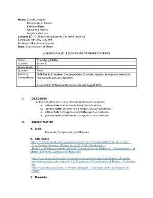 Detailed Learning Plan in Science 12 - Objectives: a. Calculate the ...