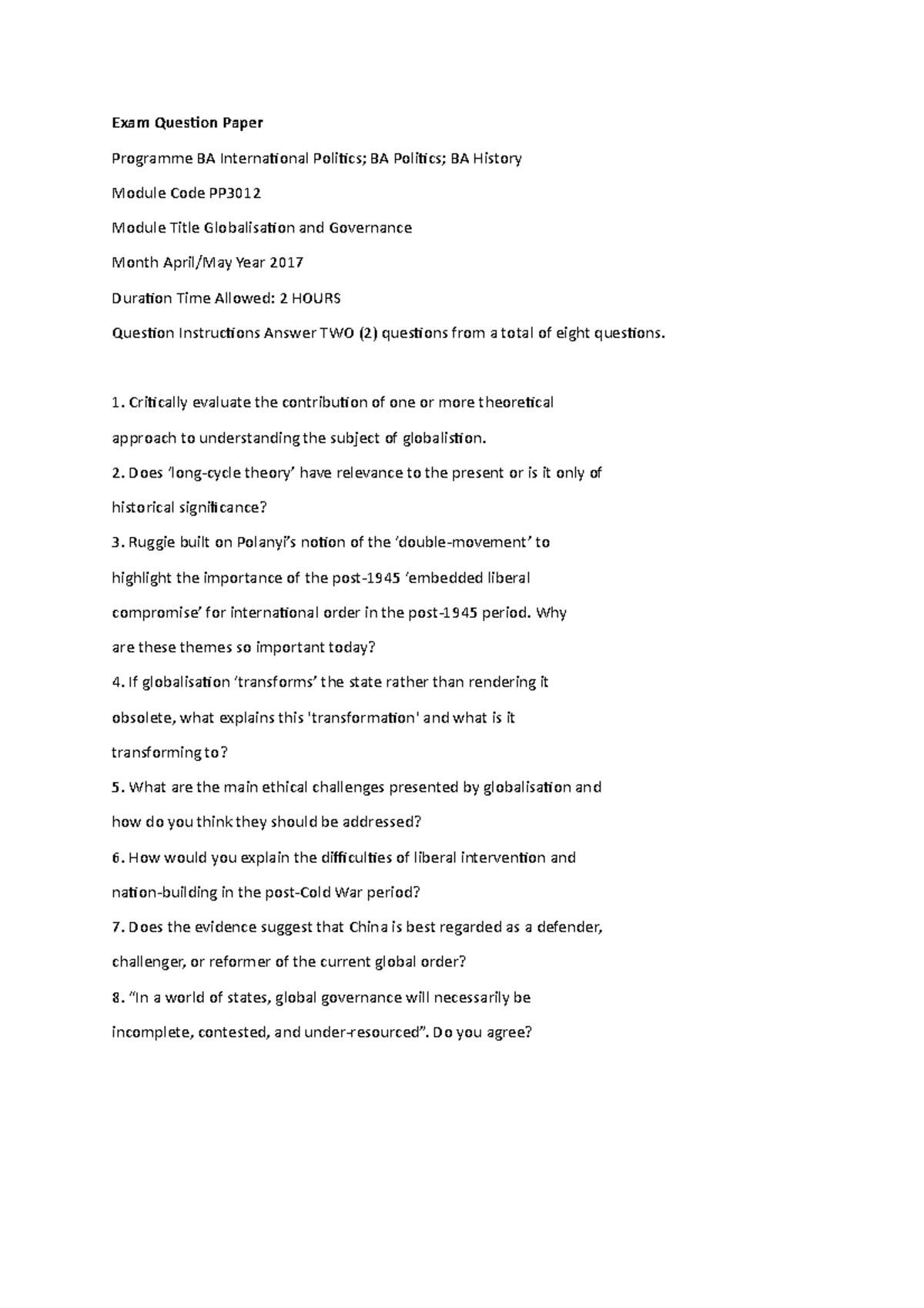 Exam 2017 Globalisation and Governance - Exam Question Paper Programme ...