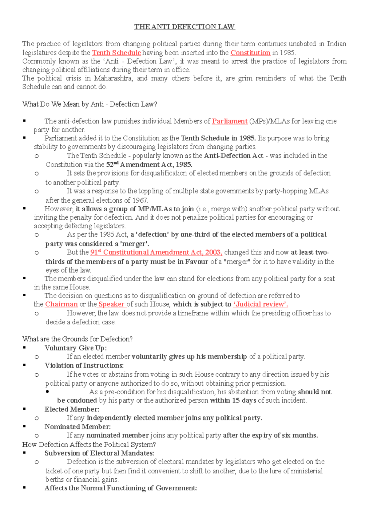 THE ANTI Defection LAW - notes - THE ANTI DEFECTION LAW The practice of ...