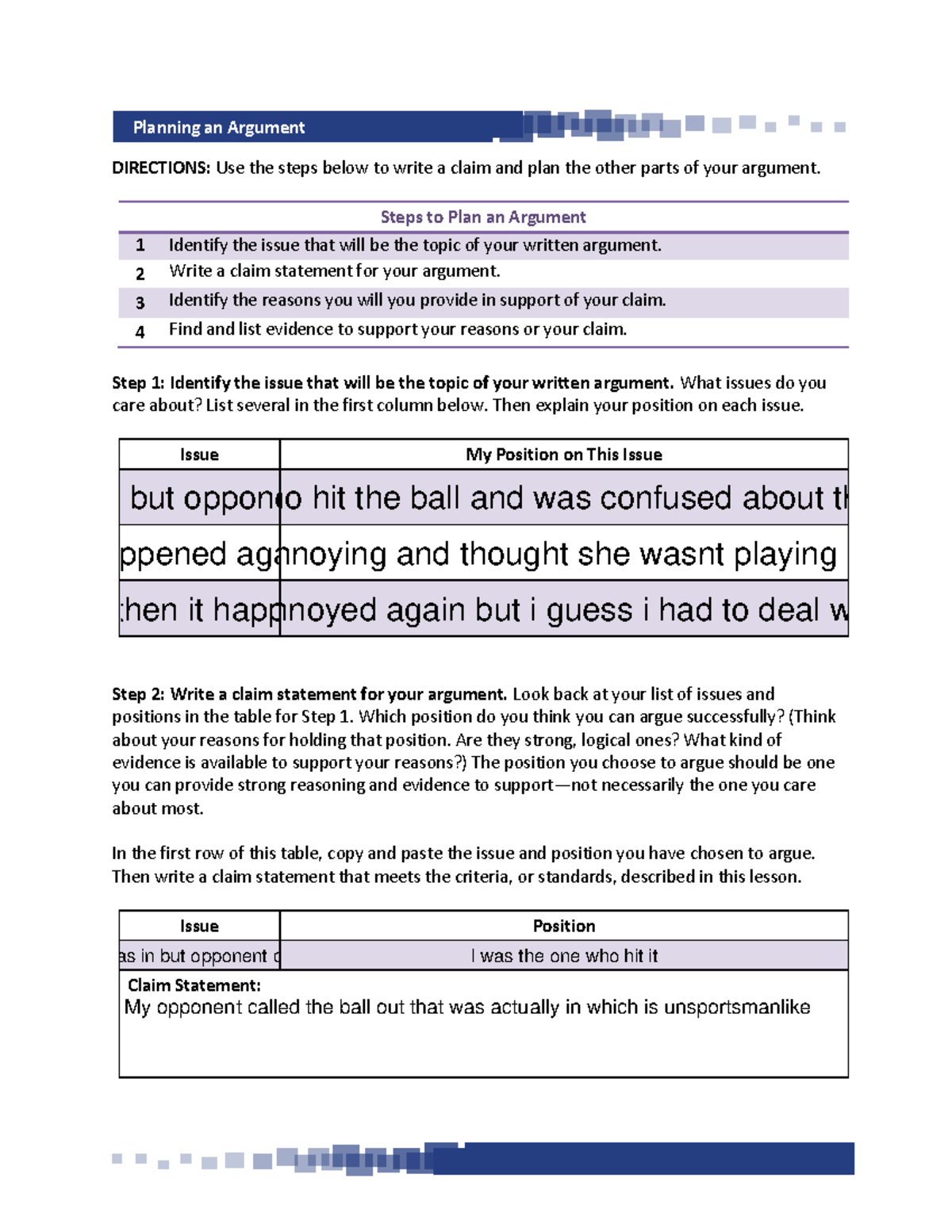 Planning An Argument - Planning an Argument DIRECTIONS: Use the steps ...