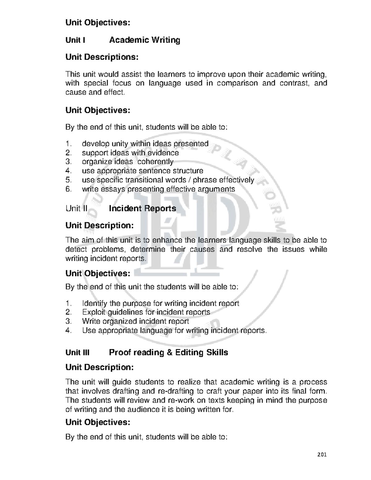 English 6th Semester Bsn Course Gride Educational Platform 201 Unit Objectives Unit I