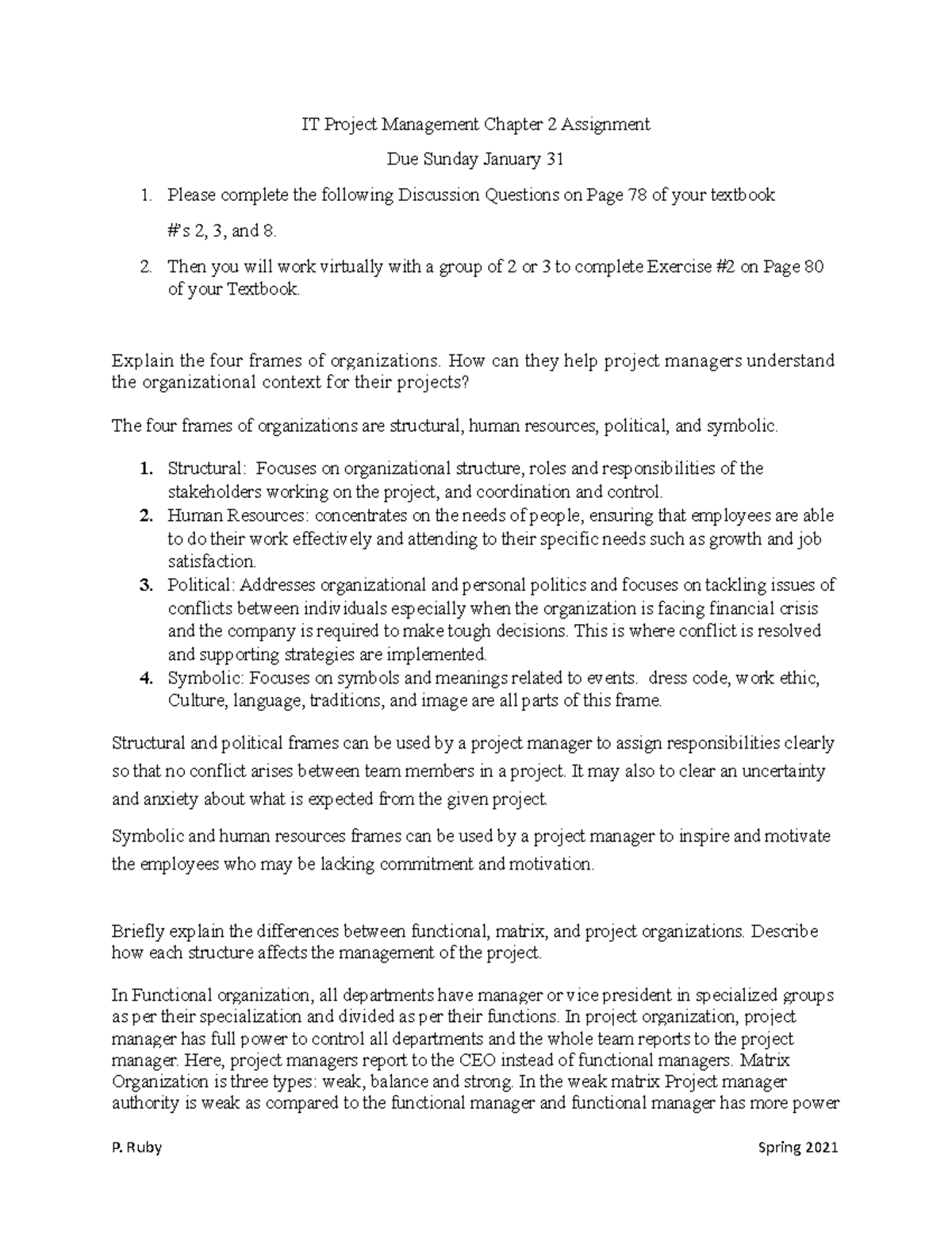 IT Project Management Chapter 2 Assignment - Then you will work ...