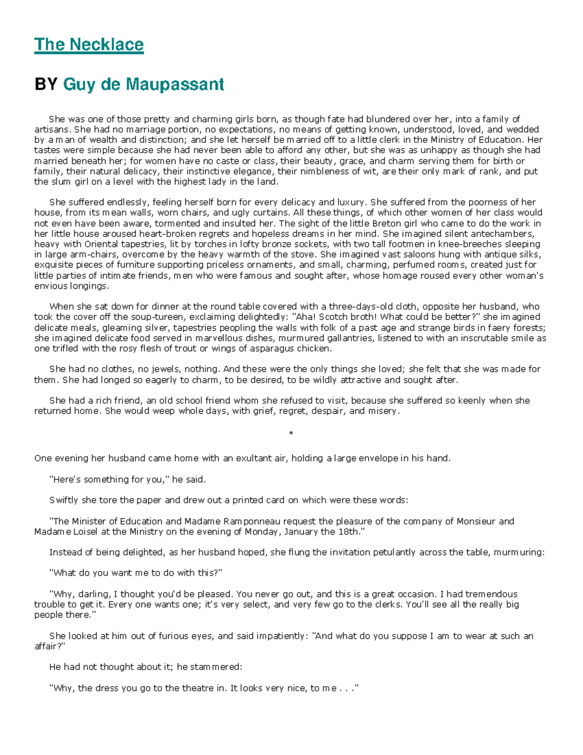 The necklace, a short story written by guy de maupassant - The Necklace ...