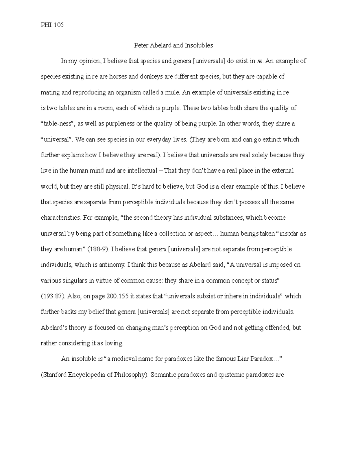 PHI 105 short essay - PHI 105 Peter Abelard and Insolubles In my ...