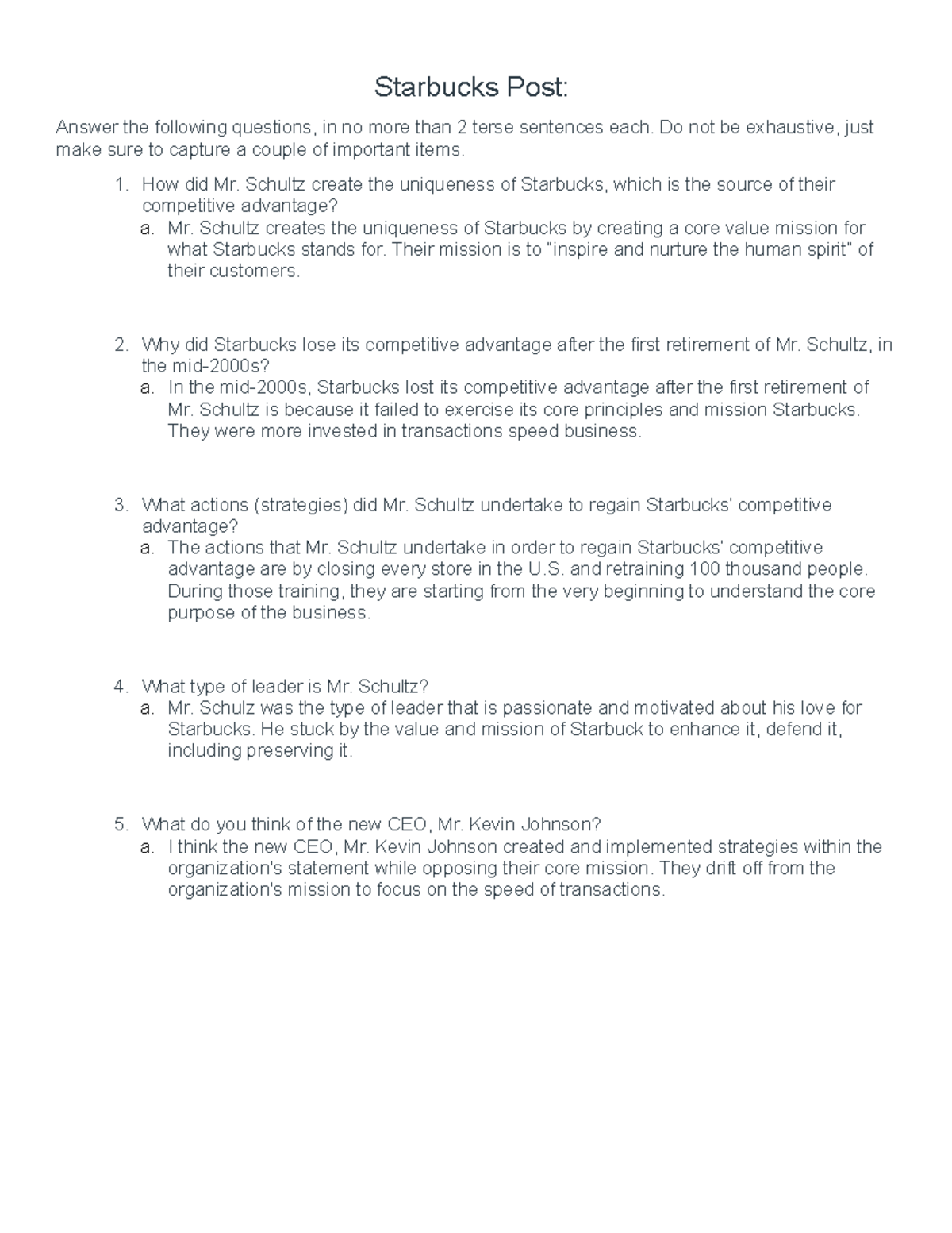 GM 105 Starbucks Post - discussion post - Starbucks Post: Answer the ...